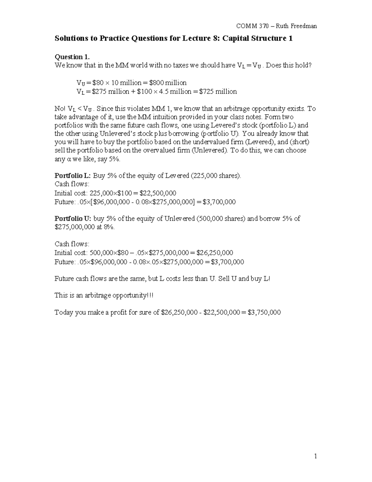 Practice for lecture 8 - Capital Structure 1 questions + solutions ...