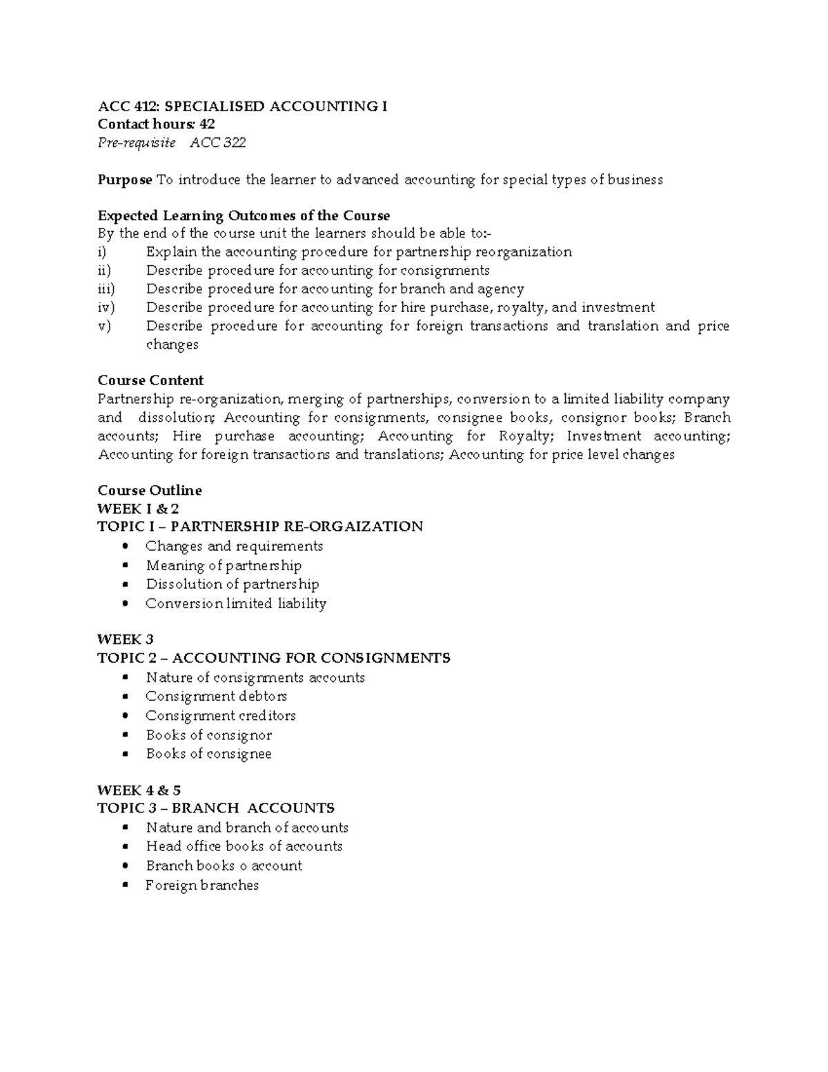 ACC 412 - Specilaized Accouting I course outline - ACC 412: SPECIALISED ...