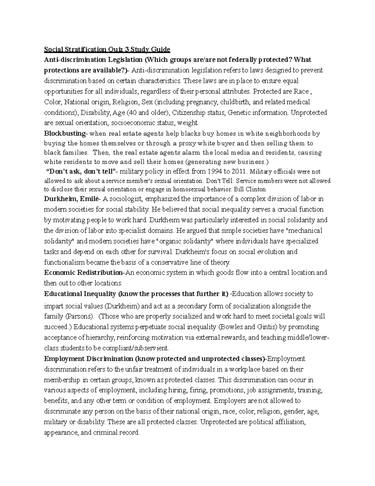 Quiz 3 Study Guide - Social Stratification Quiz 3 Study Guide Anti ...