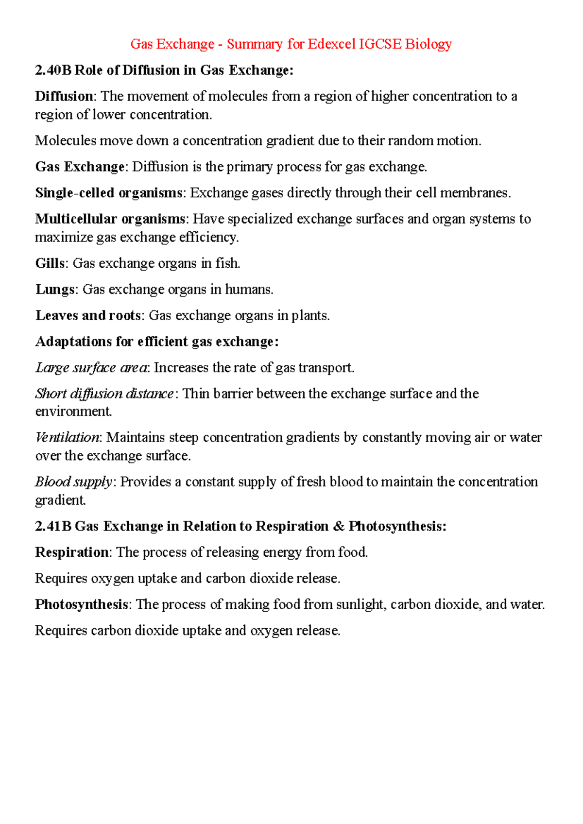 Gas Exchange Final Revision By St - Gas Exchange - Summary for Edexcel ...
