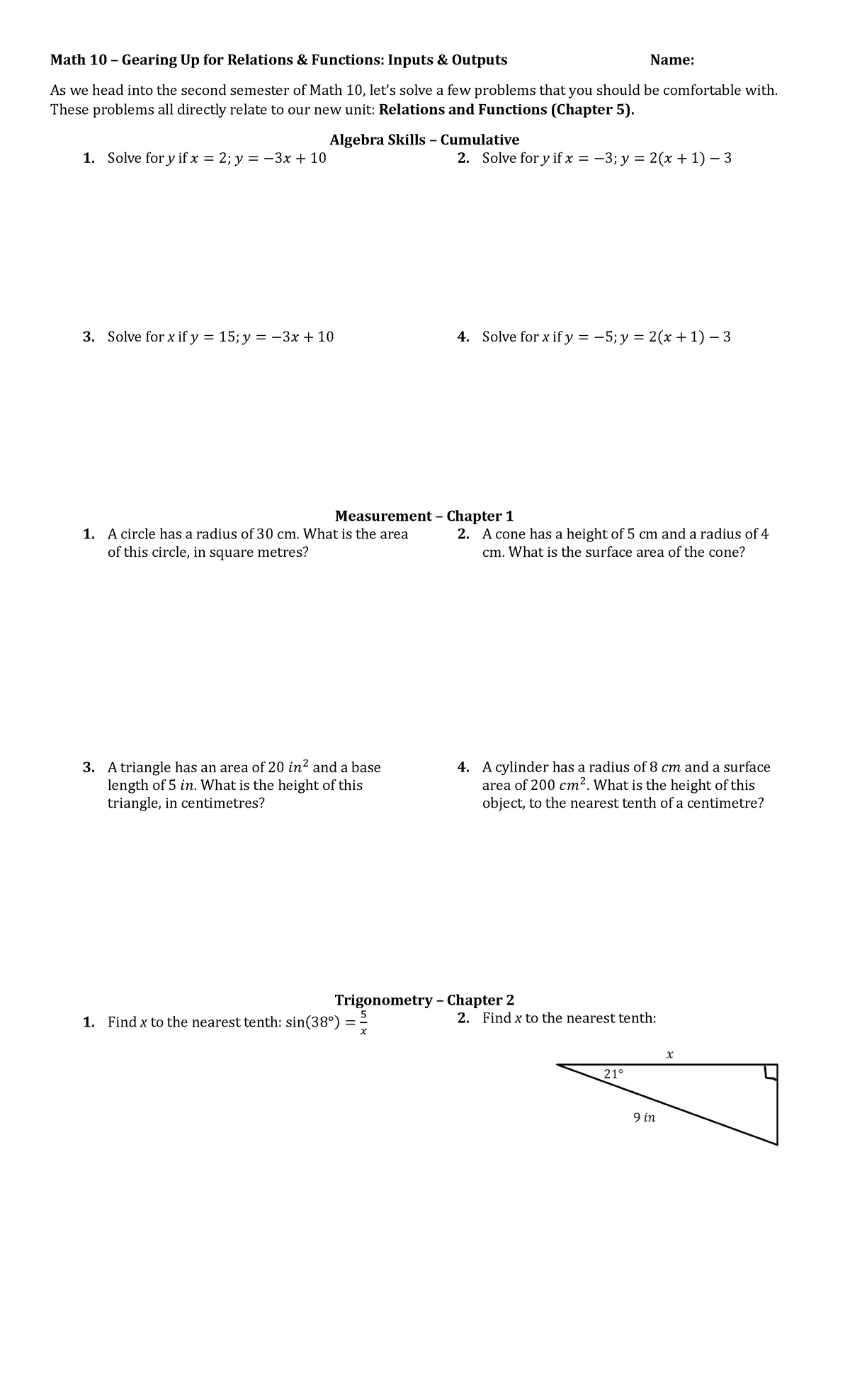 WS - Inputs and Outputs (Ch 1-4 Review) - Math 10 – Gearing Up for ...