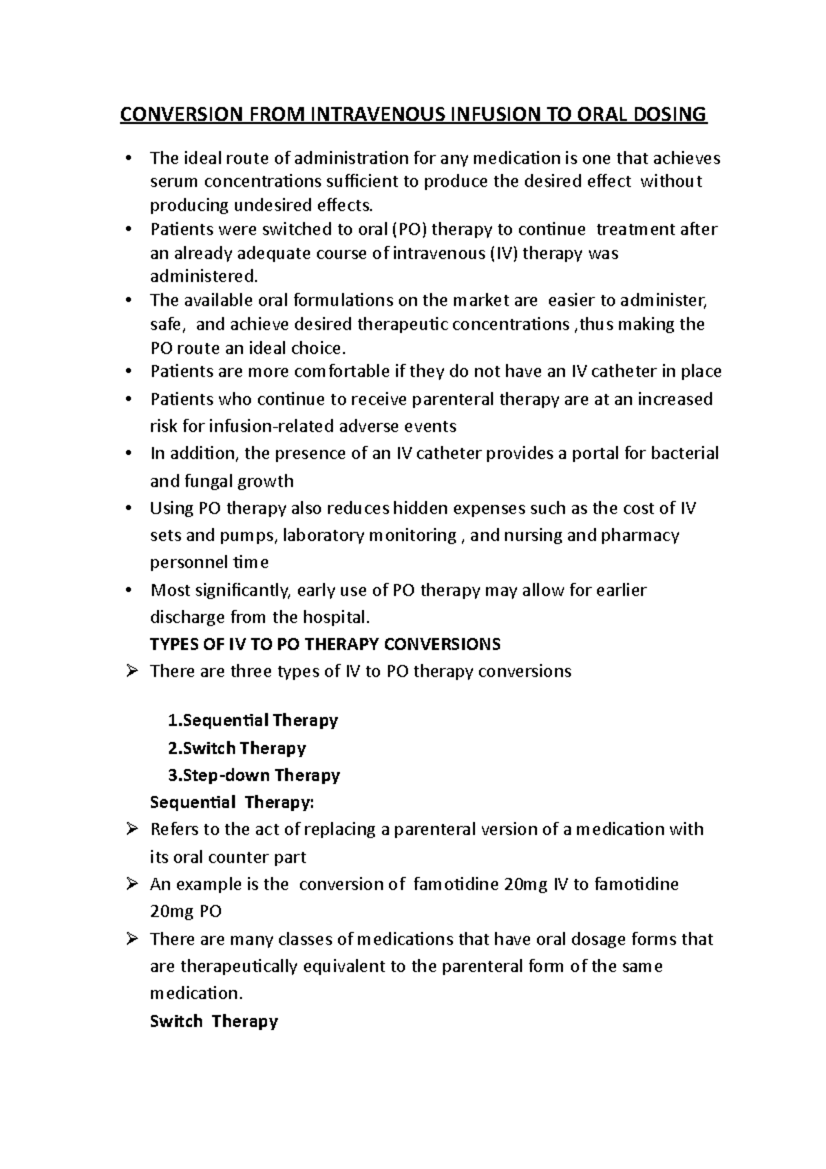 3. Conversion FROM Intravenous Infusion TO ORAL Dosing - CONVERSION ...