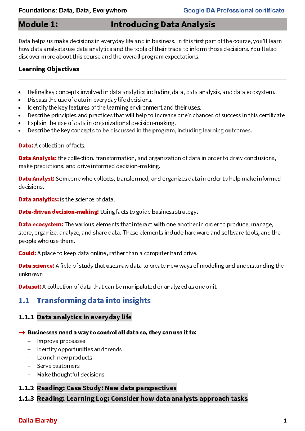 C1 Foundations Data Data Everywhere (Notes) - Module 1: Introducing ...