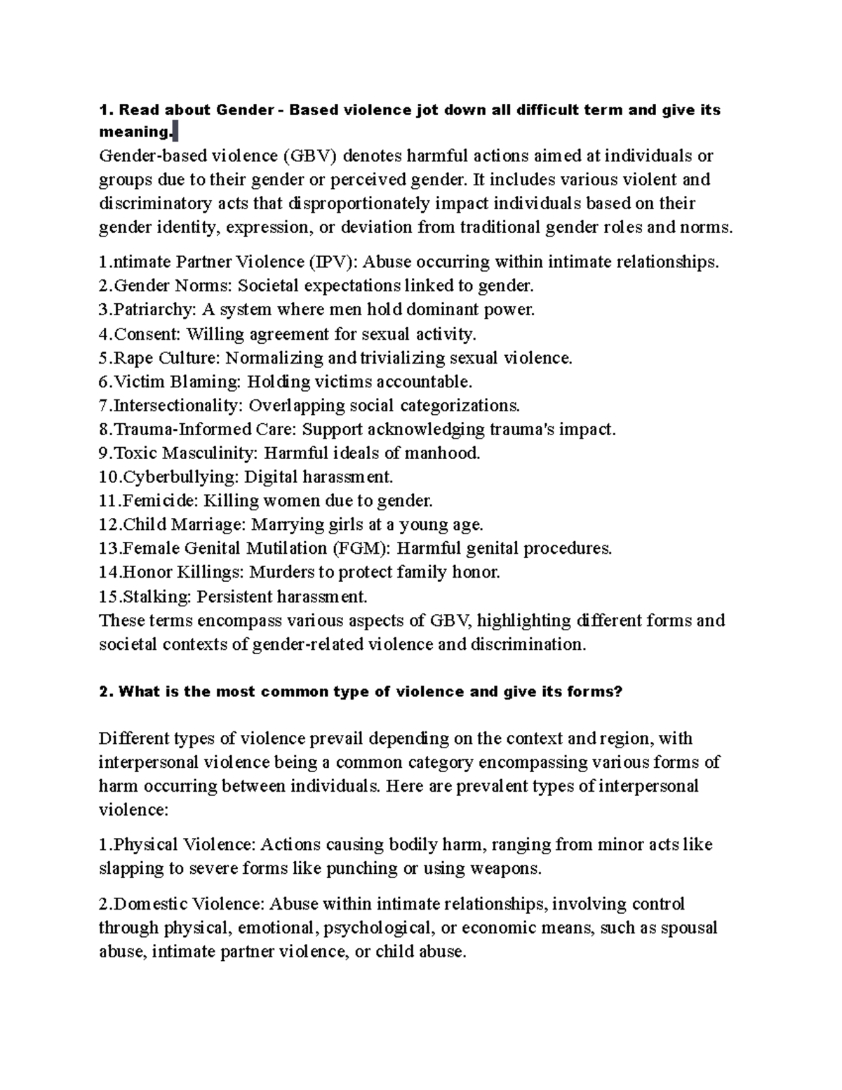 Gender Society Lecture - 1. Read about Gender - Based violence jot down ...