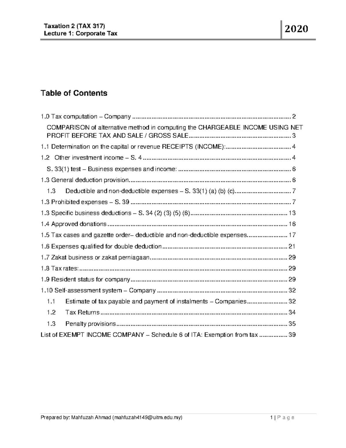 Lecture 1 - Corporate tax - Table of Contents Lecture 1: Corporate Tax ...