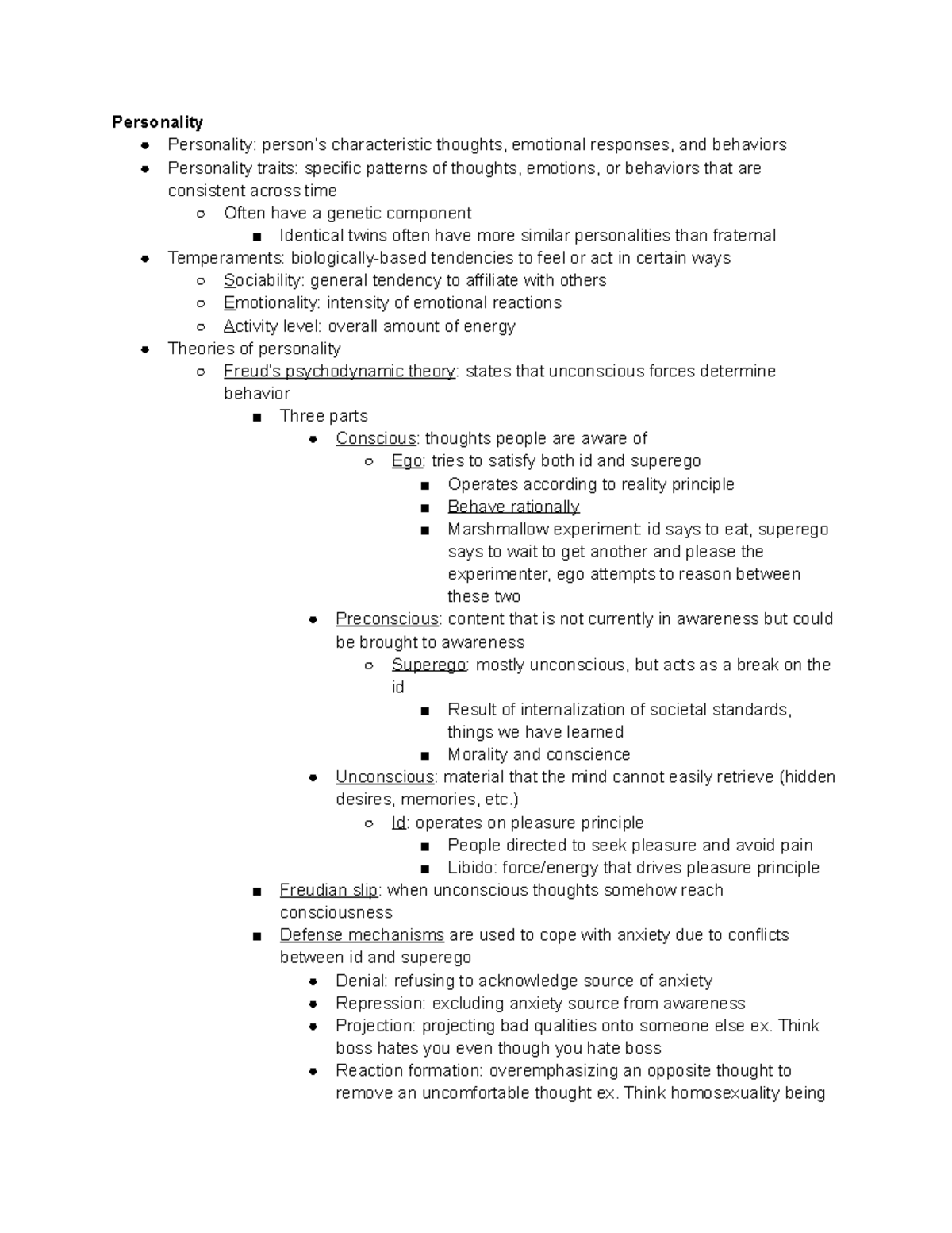Psychology Final - Personality Personality: person’s characteristic ...