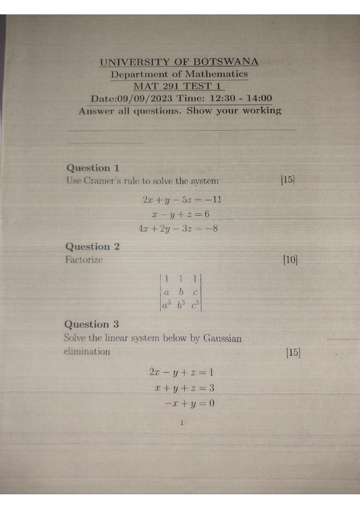 MAT 291 Revision - UNIVERSITY OF BOTSWANA Department of Mathematics MAT ...