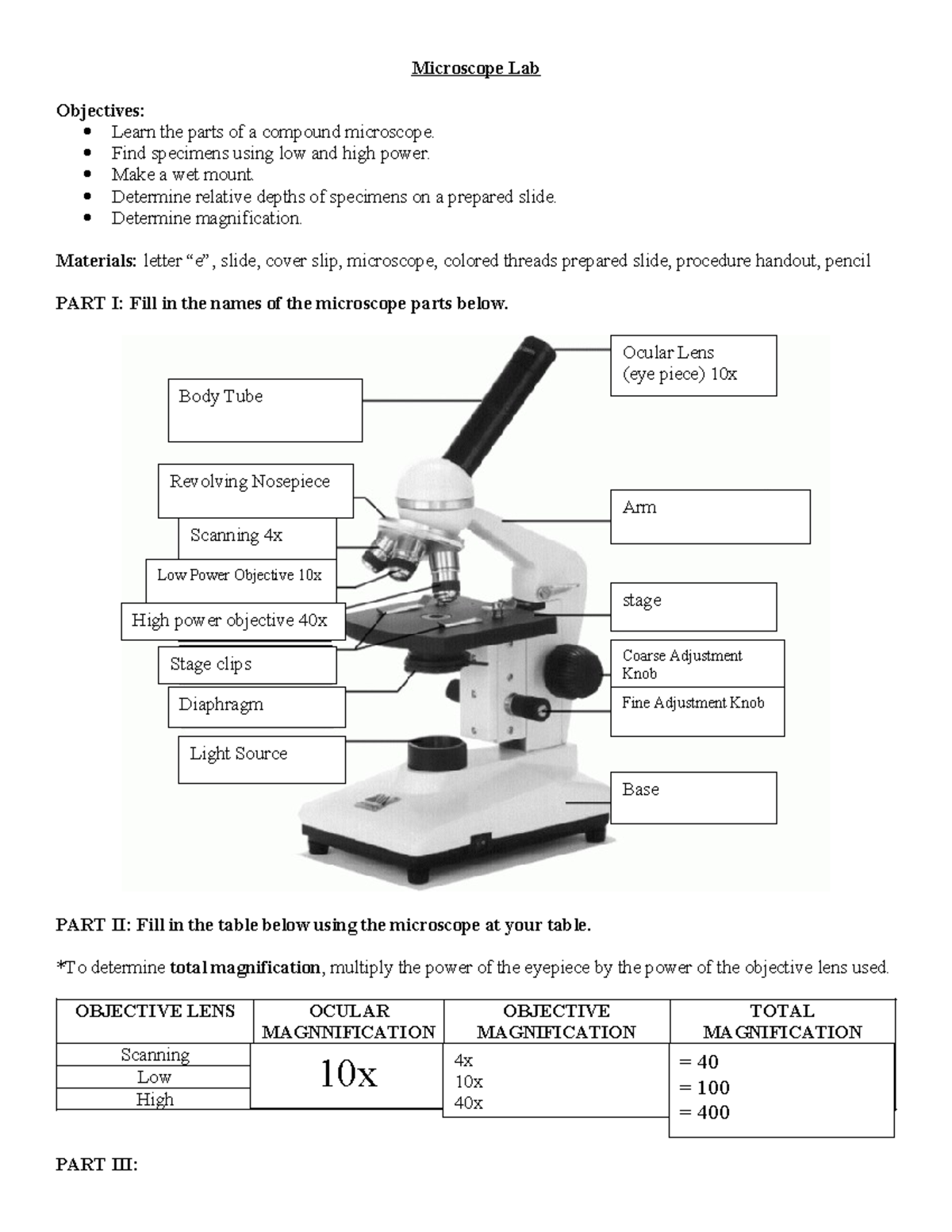 Microscope Lab - Microscope Lab Objectives: Learn the parts of a compound microscope. Find - Studocu