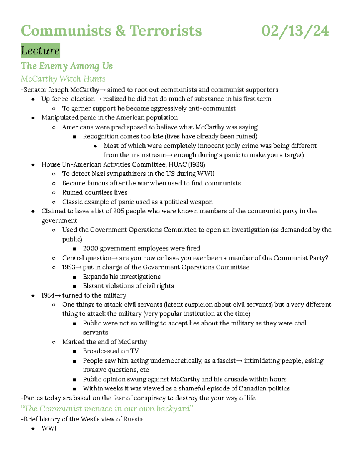 week 6 - lecture - Lecture The Enemy Among Us McCarthy Witch Hunts ...