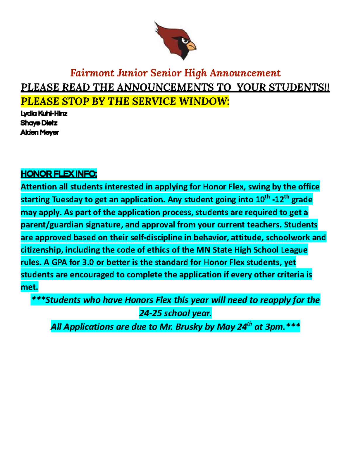 Daily Announcements - Fairmont Junior Senior High Announcement PLEASE ...