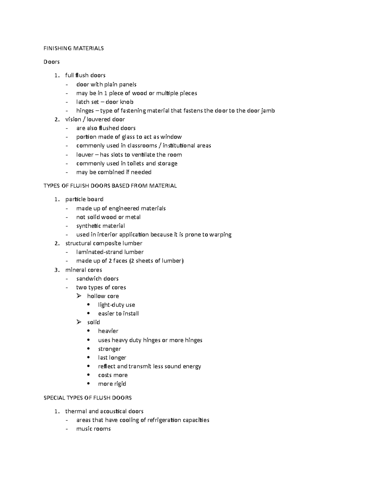 Finishing Materials - Notes - FINISHING MATERIALS Doors full flush ...