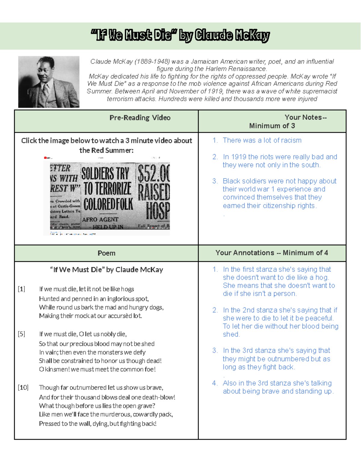 “If We Must Die” by Claude Mc Kay - “If We Must Die” by Claude McKay ...