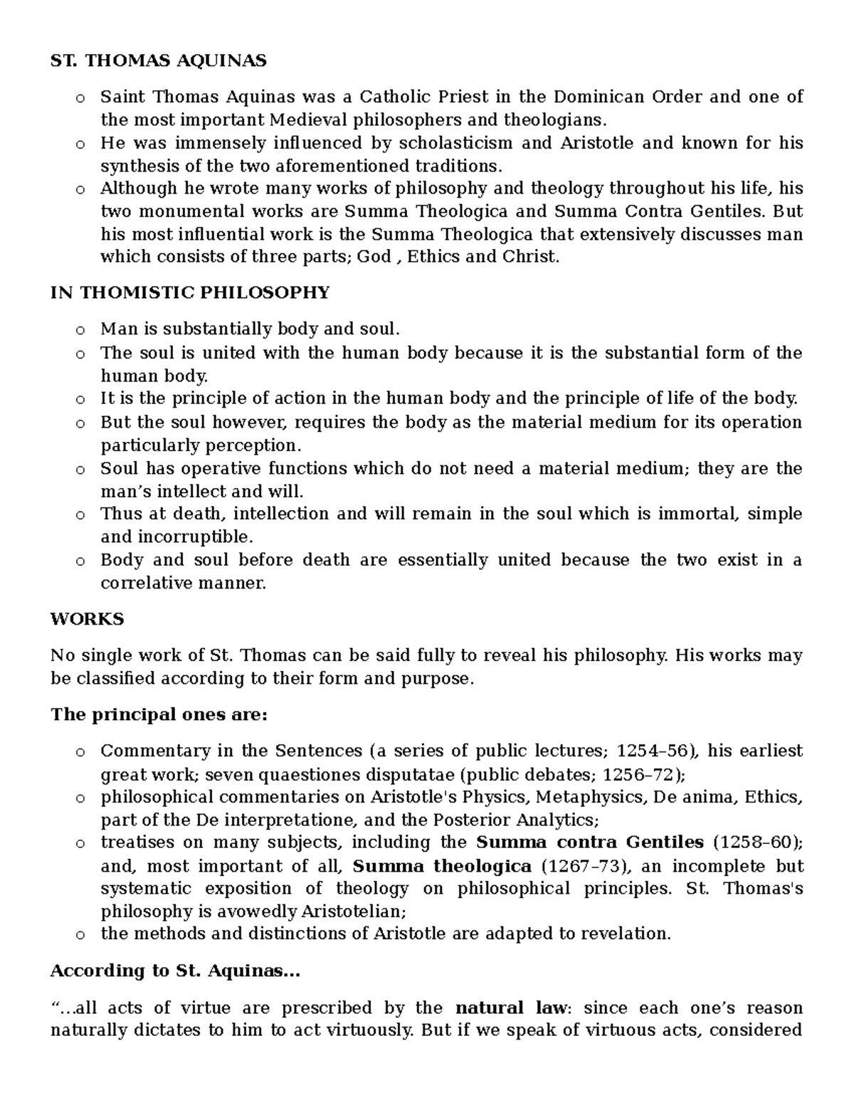 Lesson 8 - ST. THOMAS AQUINAS o Saint Thomas Aquinas was a Catholic ...