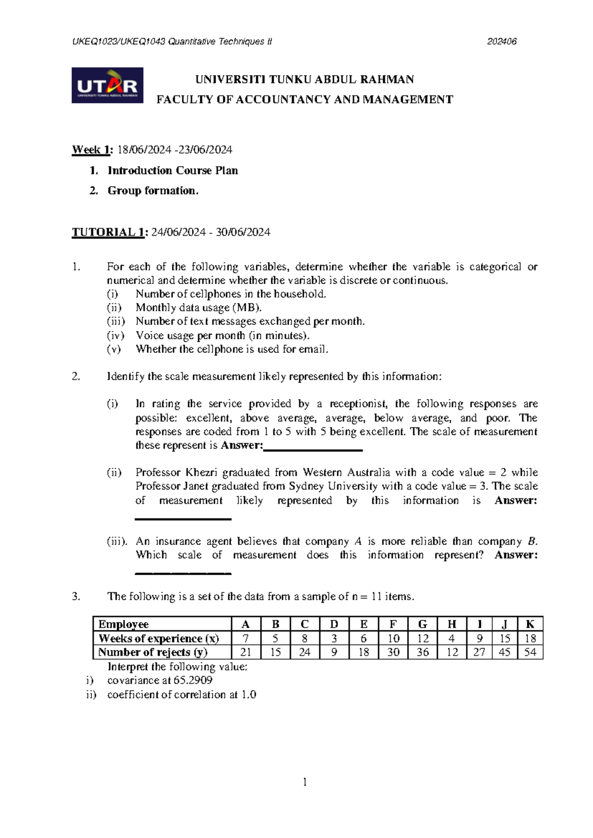 202406 Tutorial Questions - UNIVERSITI TUNKU ABDUL RAHMAN FACULTY OF ...
