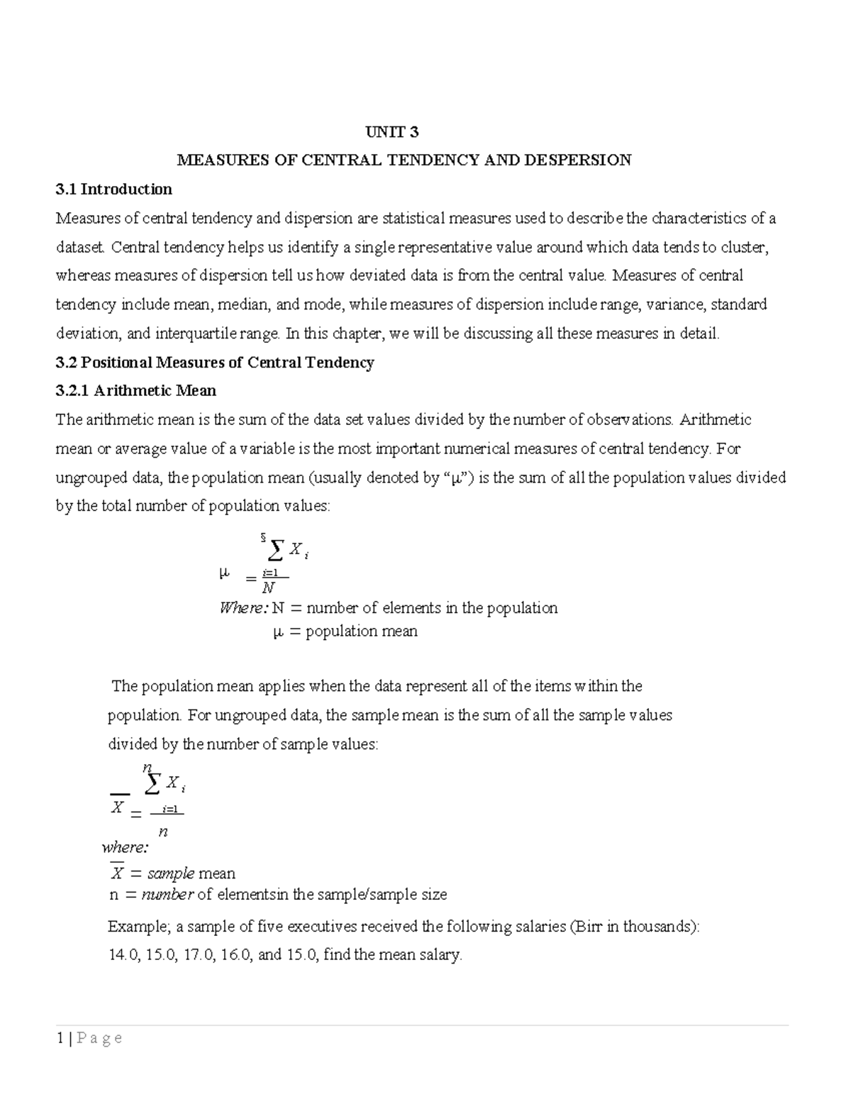 Stat UNIT 3 - Short note of central tendency and dispersion will help ...