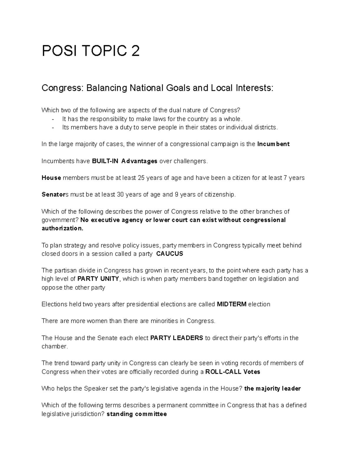 POSI Topic 2 - Notes off slides - POSI TOPIC 2 Congress: Balancing ...