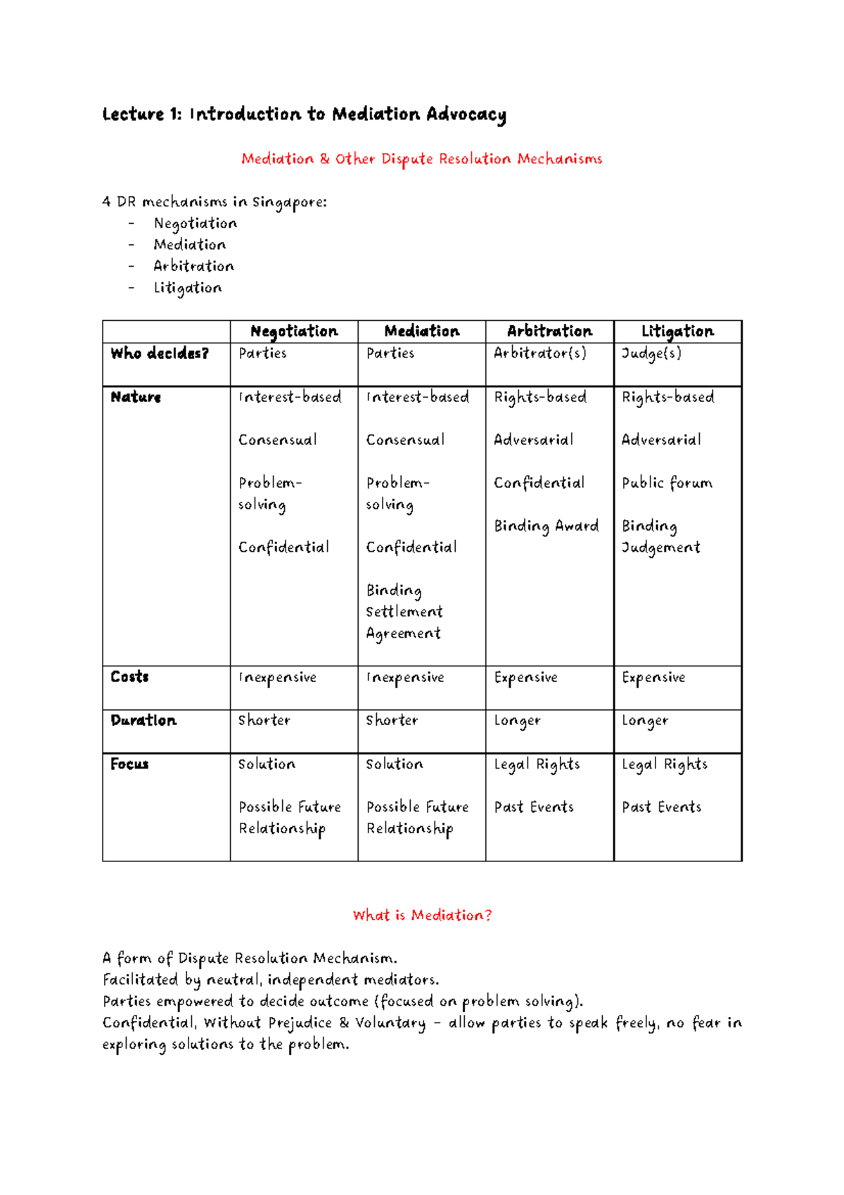 Mediation Notes - Lecture 1: Introduction to Mediation Advocacy ...