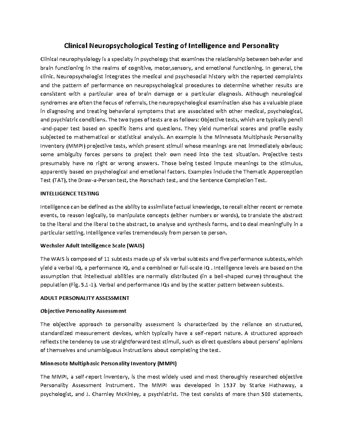 Clinical Neuropsychological Testing of Intelligence and Personality ...