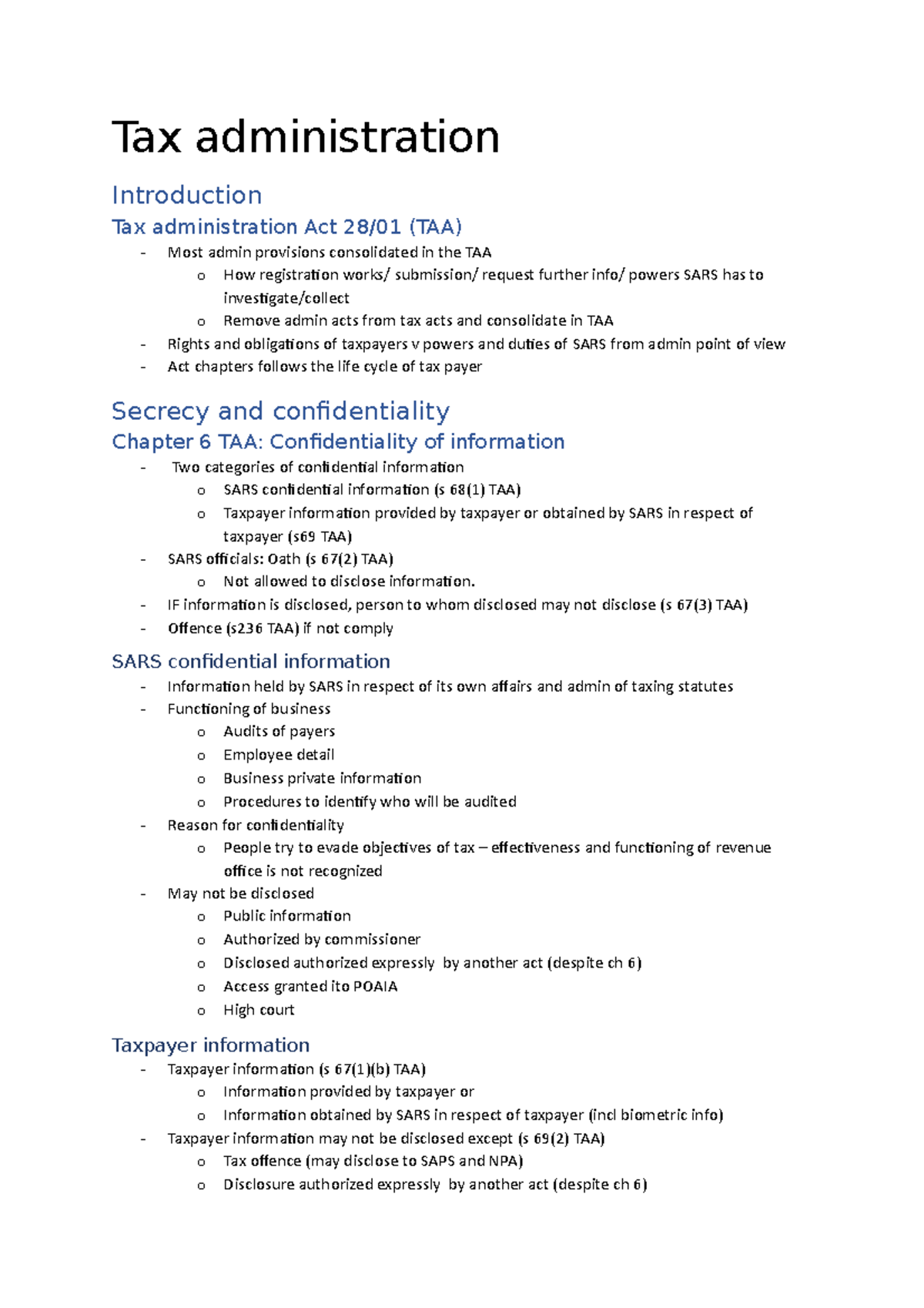 Introductory notes Tax law 411 - Tax administration Introduction Tax ...