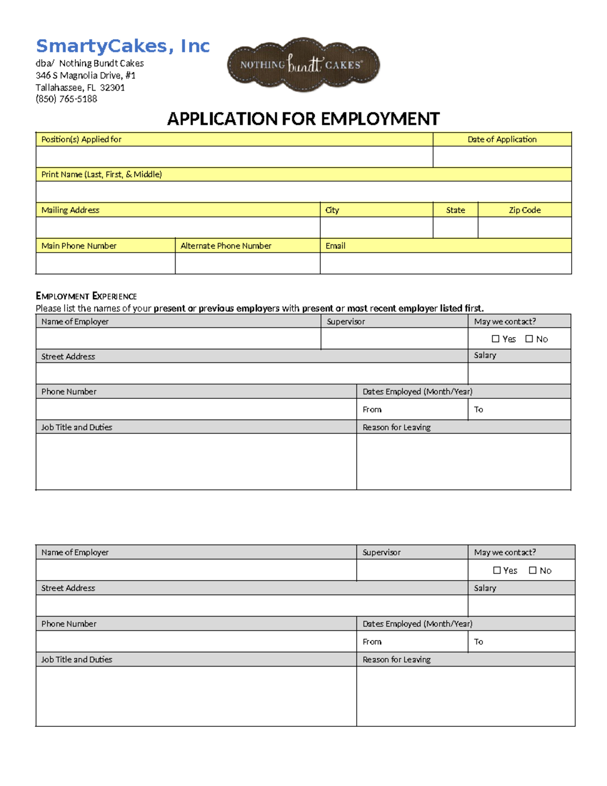 Smarty Cakes Application - SmartyCakes, Inc dba/ Nothing Bundt Cakes ...