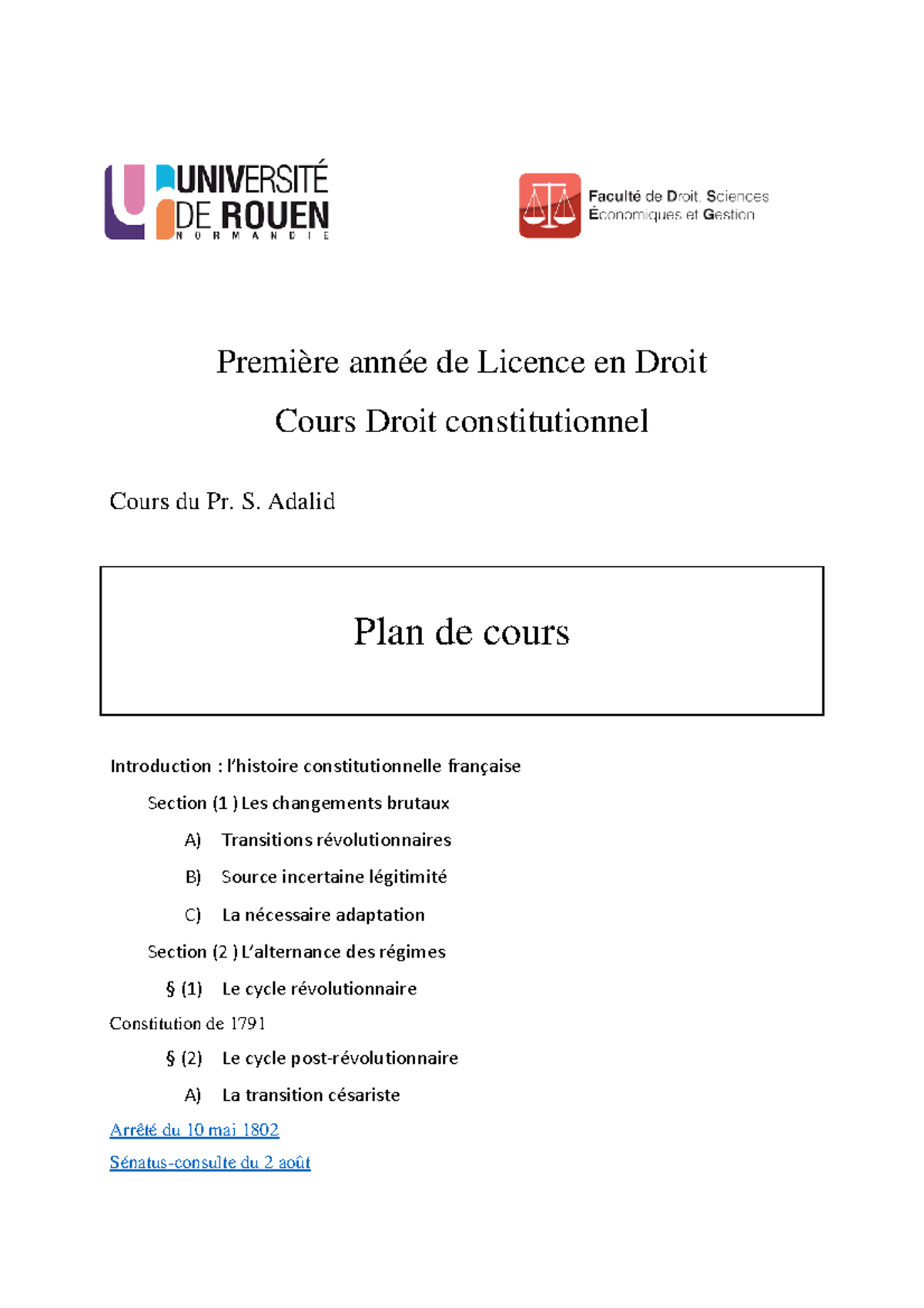 Plan S2 - Première année de Licence en Droit Cours Droit constitutionnel Cours du Pr. S. Adalid ...
