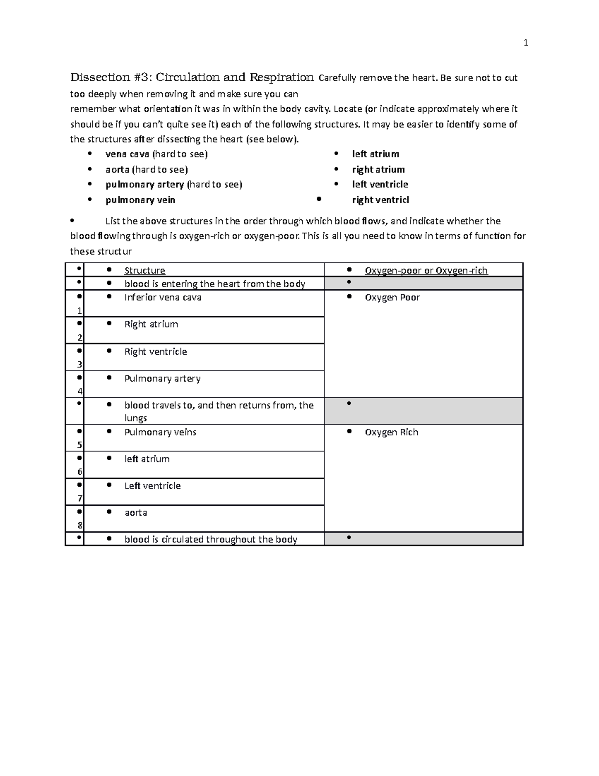 Aves Dissection Circulatory System Sheet - 1 Dissection #3: Circulation ...