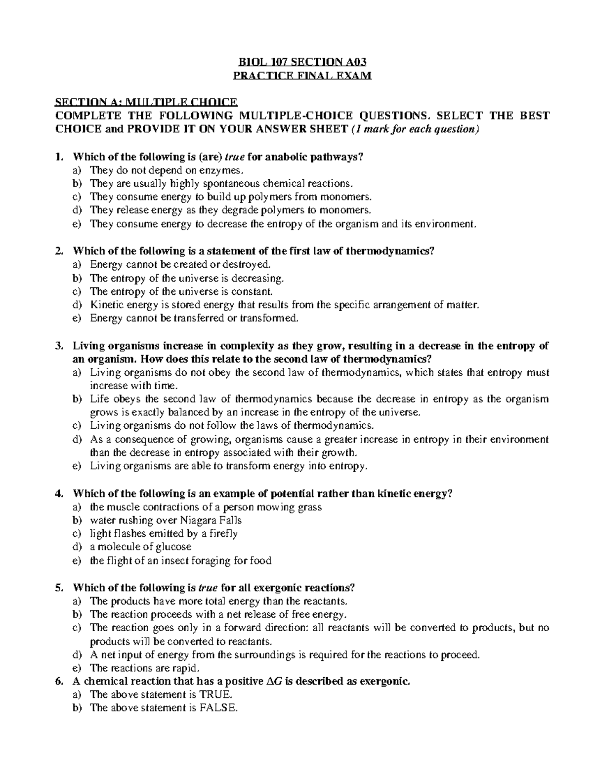 Final Exam 2017 Questions Warning Tt Undefined Function 32 Biol 107 Section A Practice