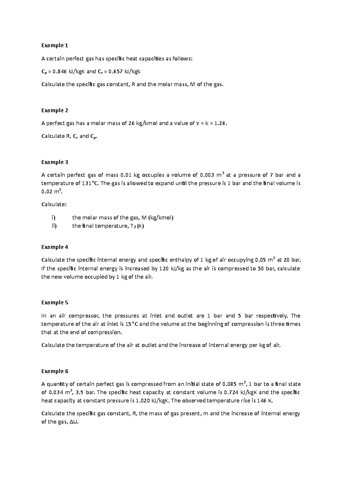 Example 1-6 Ideal Gas Chapter 2 Questions - Example 1 A certain perfect ...