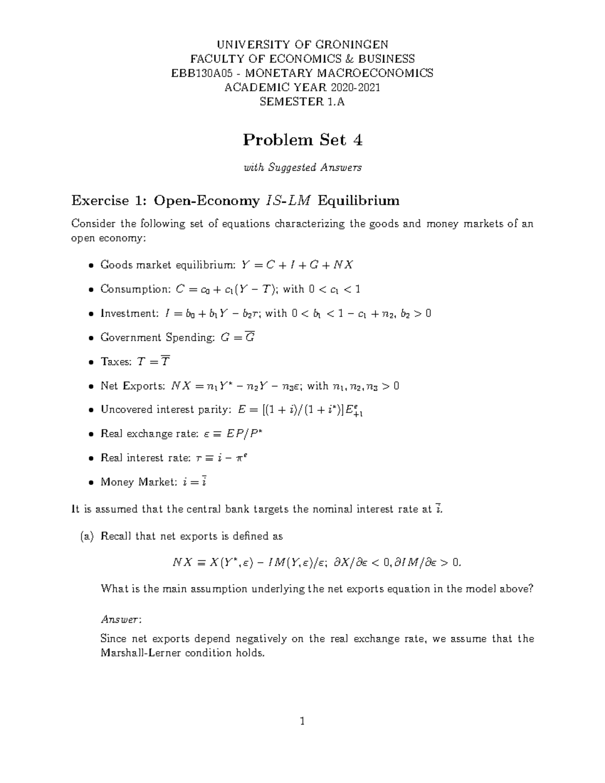Monetary Macroeconomics tutorial 4 SOLUTIONS - UNIVERSITY OF GRONINGEN ...