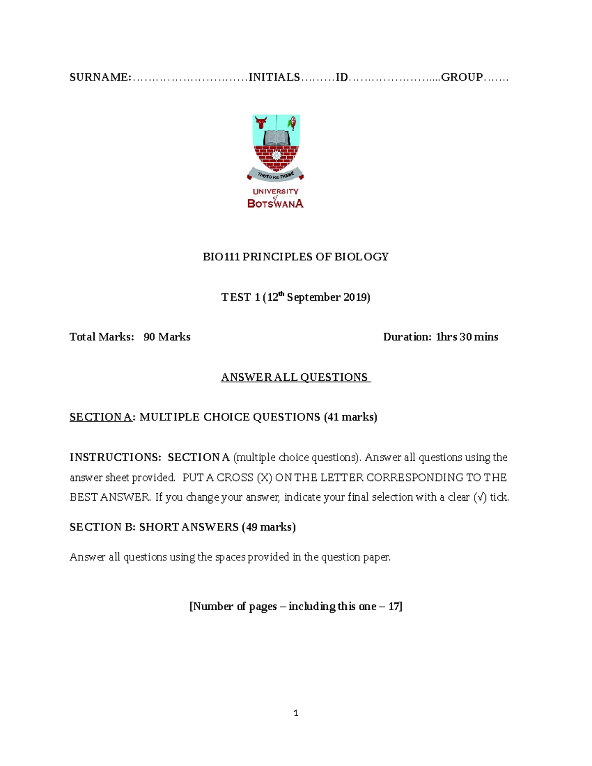 Bio 111 test 1 2019 marking guide - - Studocu