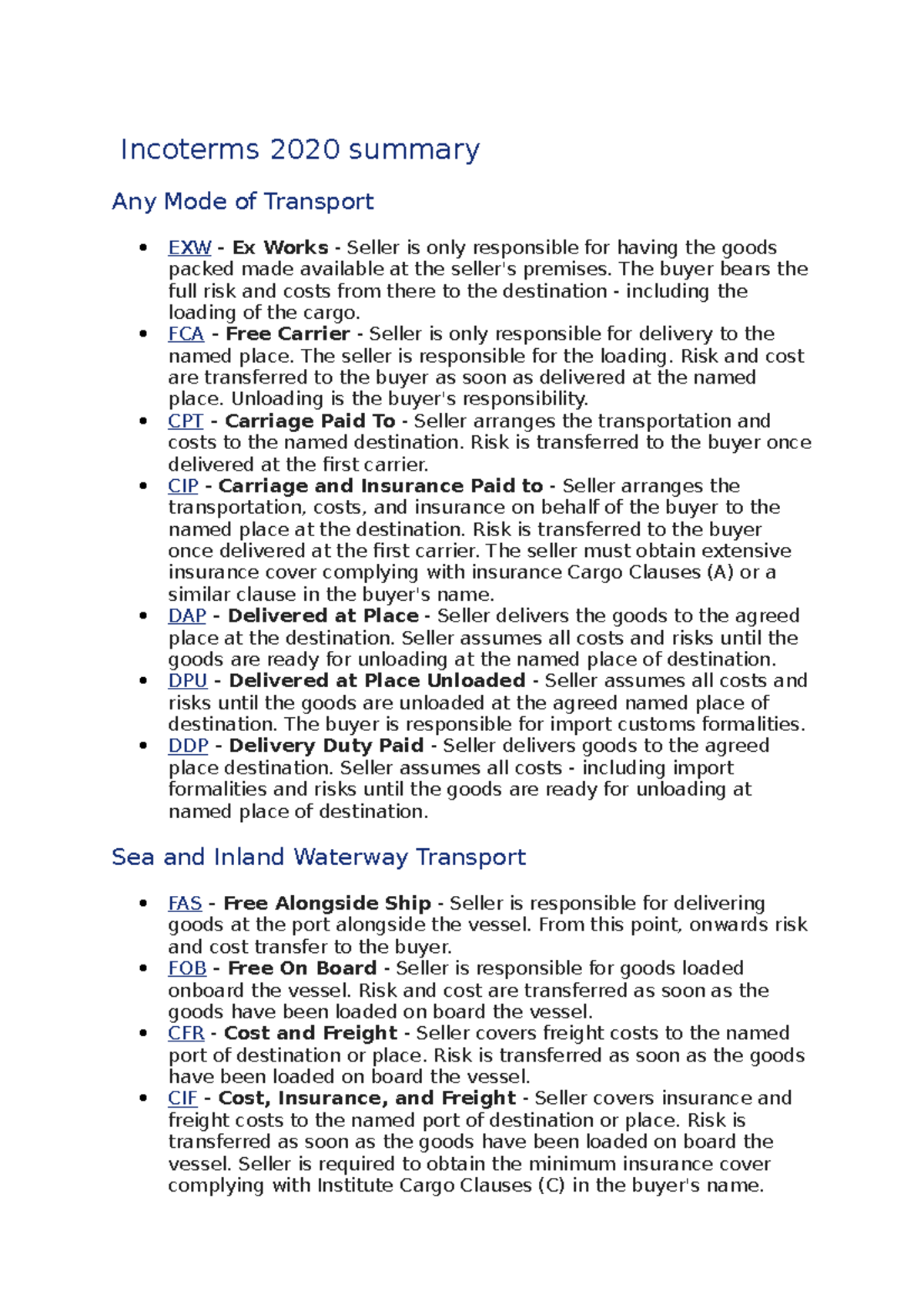 Incoterms 2020 summary - INTL 704 - Centennial College - Studocu