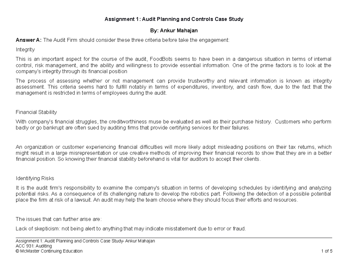 Assignment 1 Audit Planning and Controls Case Study- Ankur Mahajan ...