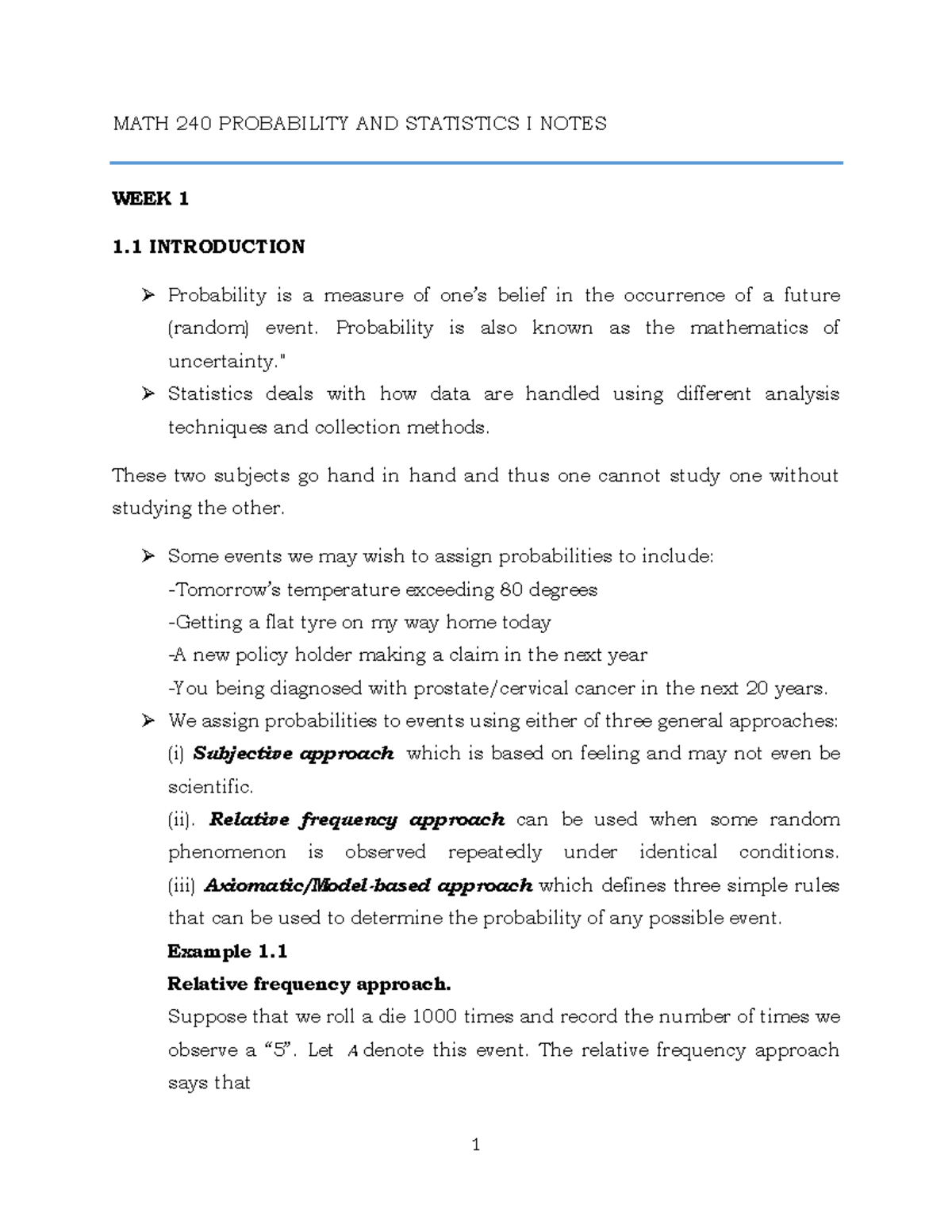 Week one and two notes - lecture 1 and 2 - MATH 240 PROBABILITY AND ...