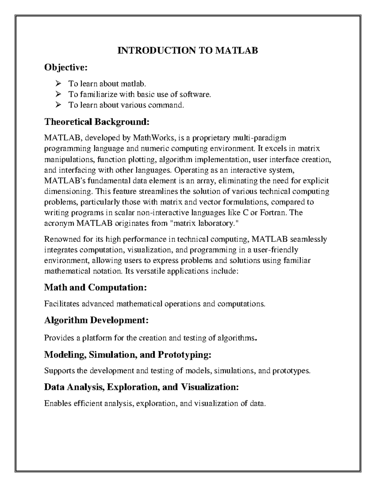 Psa lab 2 - It a file for MATLAB code. - INTRODUCTION TO MATLAB Objective: To learn about matlab ...