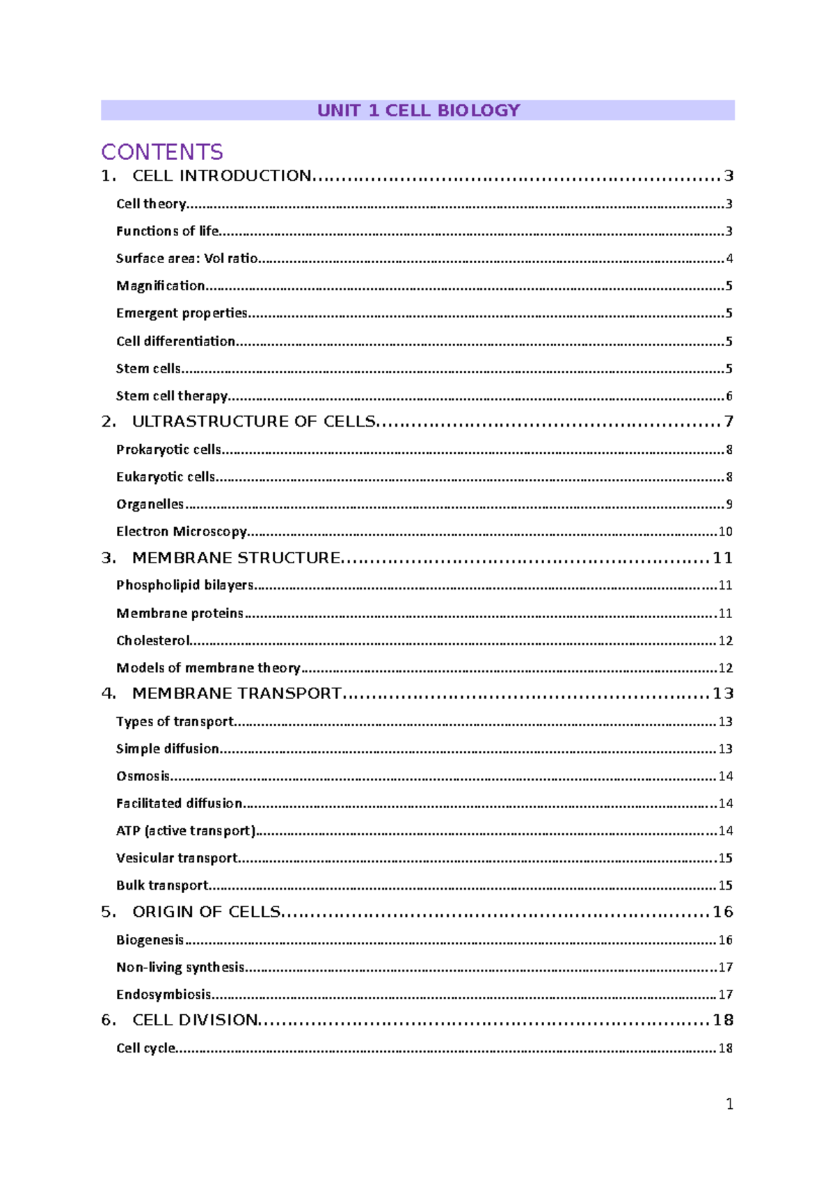 UNIT 1 CELL Biology - UNIT 1 CELL BIOLOGY CELL - Studocu