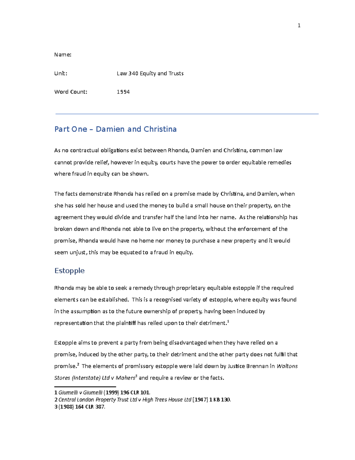 LAW340 Equity Assignment - Name: Unit: Law 340 Equity and Trusts Word ...