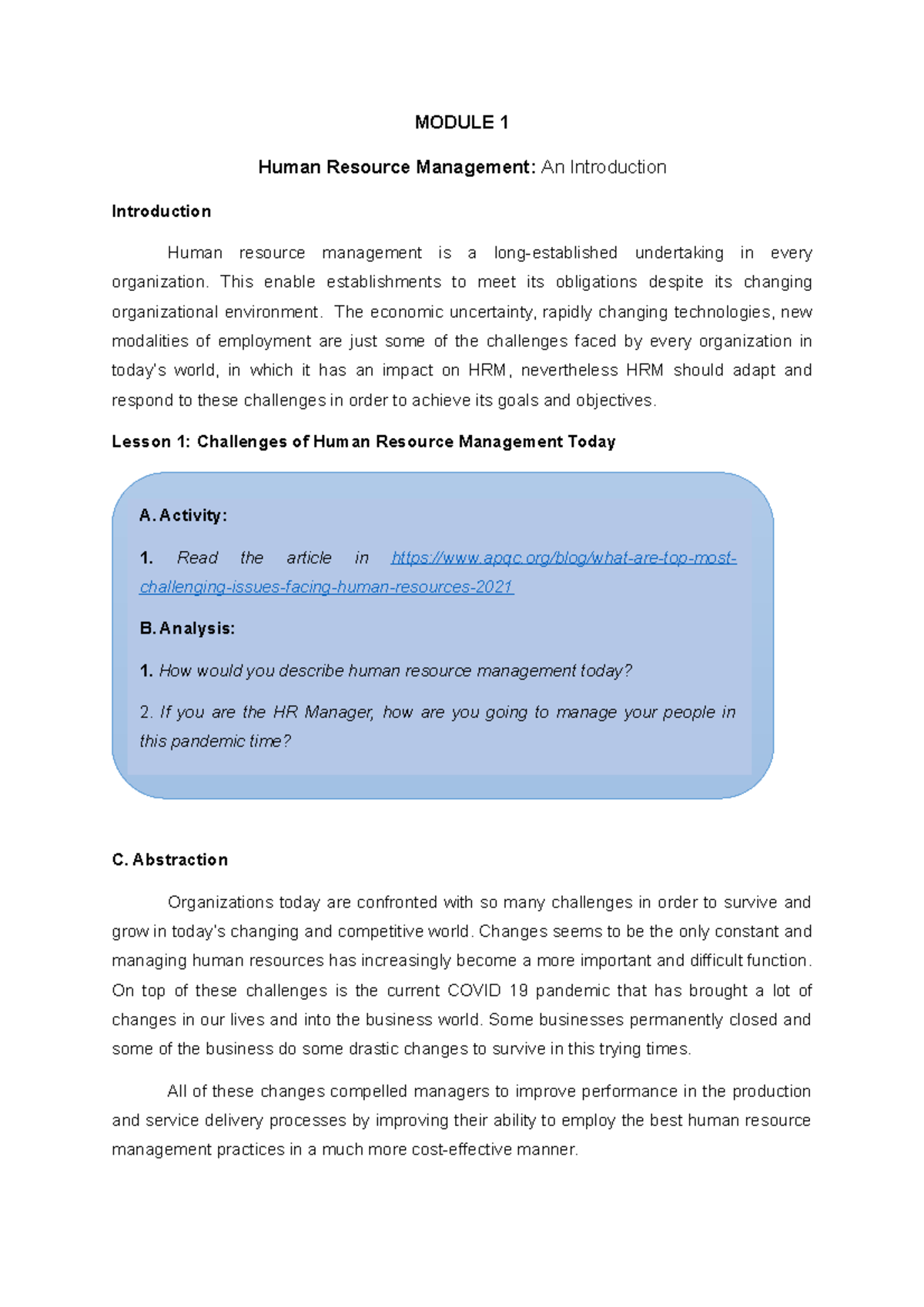 Module-1-HRM - For school purposes only. - MODULE 1 Human Resource ...