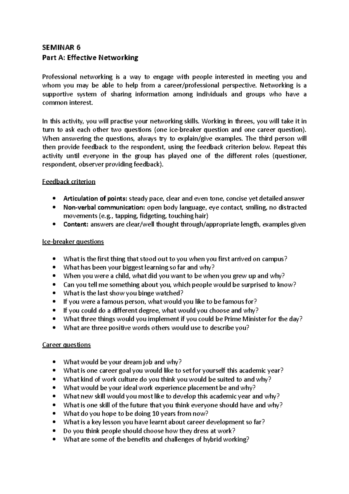 Week 6 Seminar Tasks - SEMINAR 6 Part A: Effective Networking ...