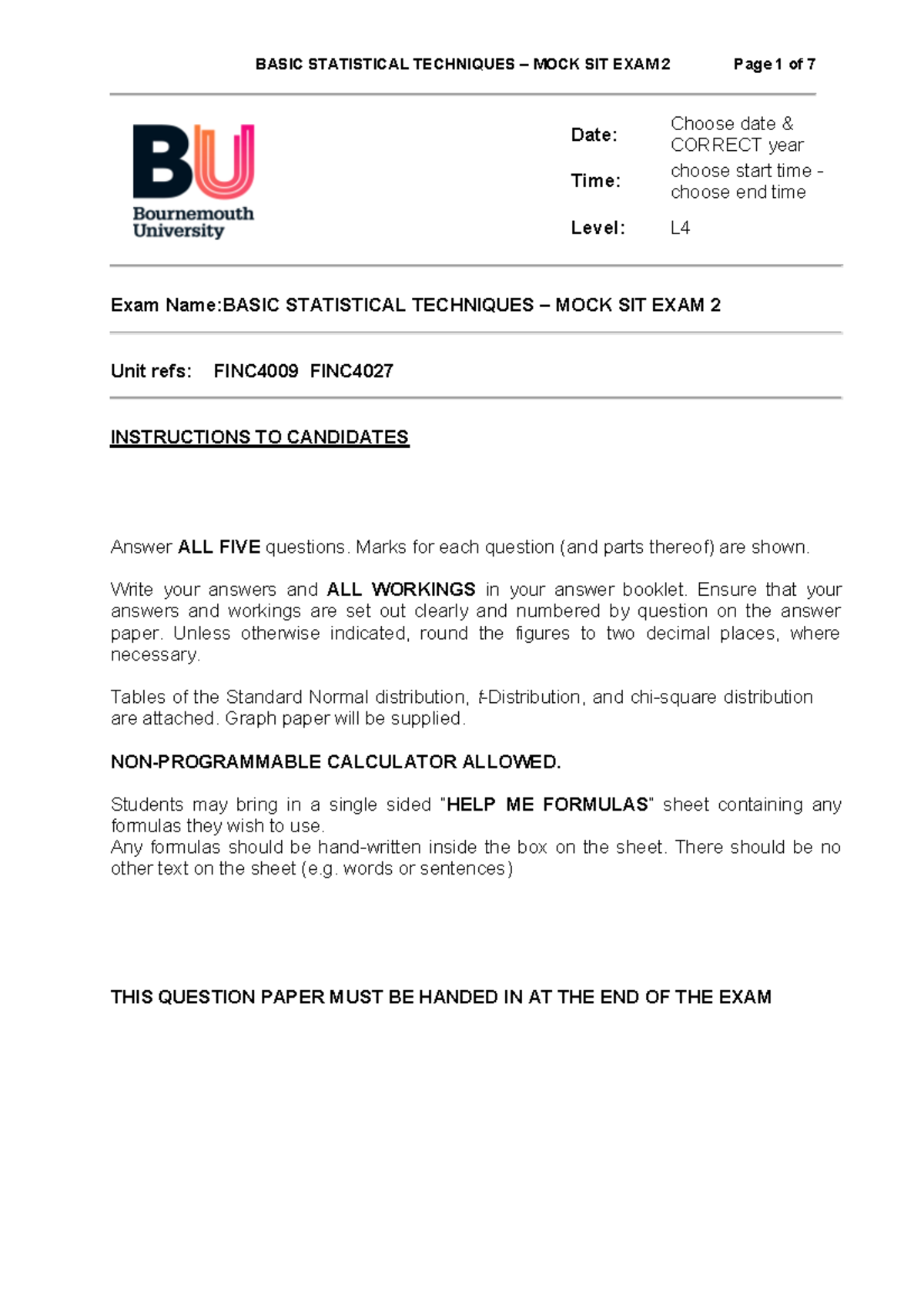 BST MOCK SIT EXAM 2 - past paper - BASIC STATISTICAL TECHNIQUES – MOCK ...