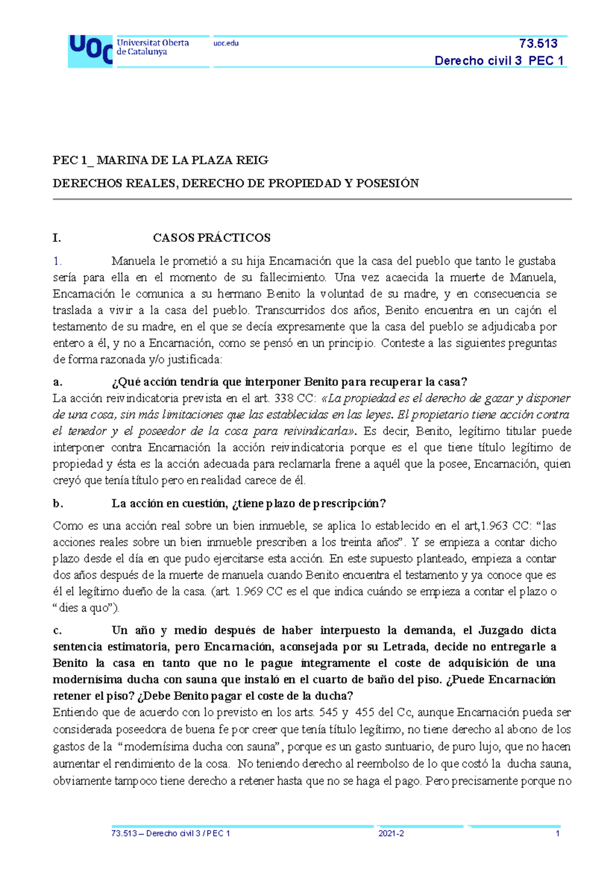 PEC 1 _ DERECHO CIVIL III _ UOC - PEC 1_ MARINA DE LA PLAZA REIG ...
