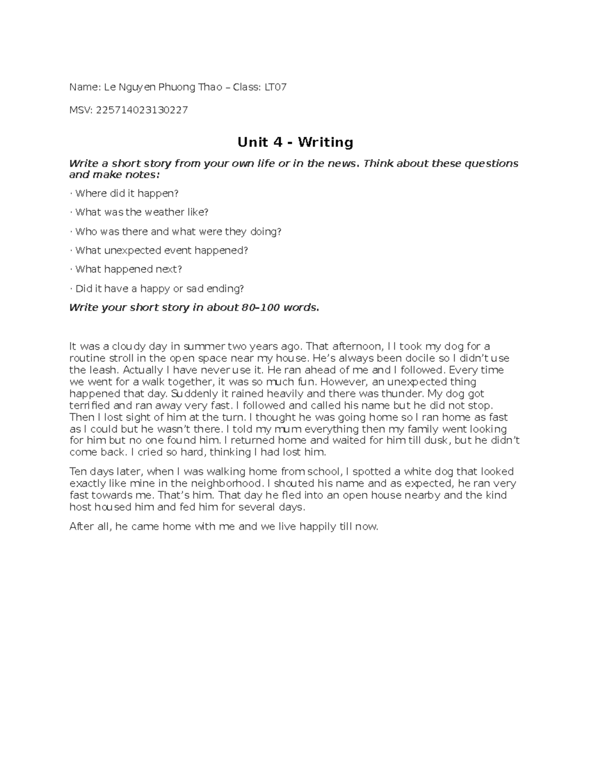 unit 4 writing elearning - Name: Le Nguyen Phuong Thao – Class: LT MSV ...