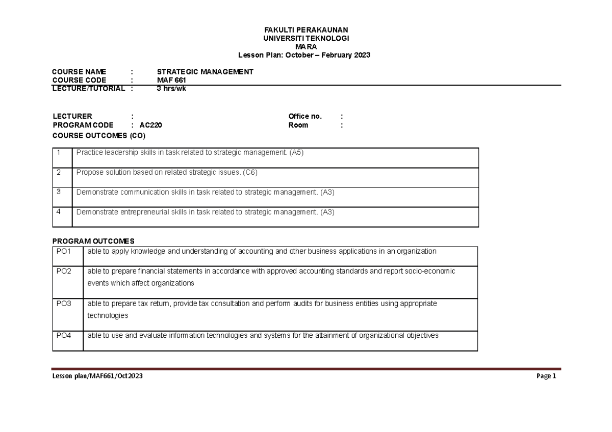 MAF661 OBELesson Plan 20224 Semester Oct - Feb 2023 (Branches ...