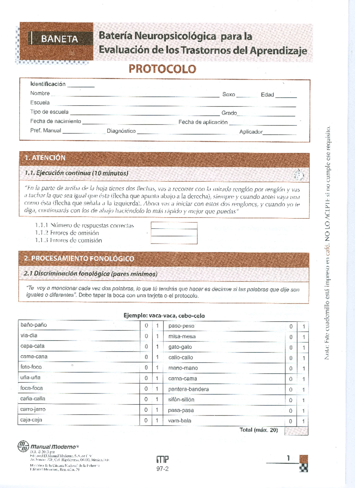 Protocolo Baneta 0001 - BANETA Batería Neuropsicológica para la 2 Bb Evaluación de los ...