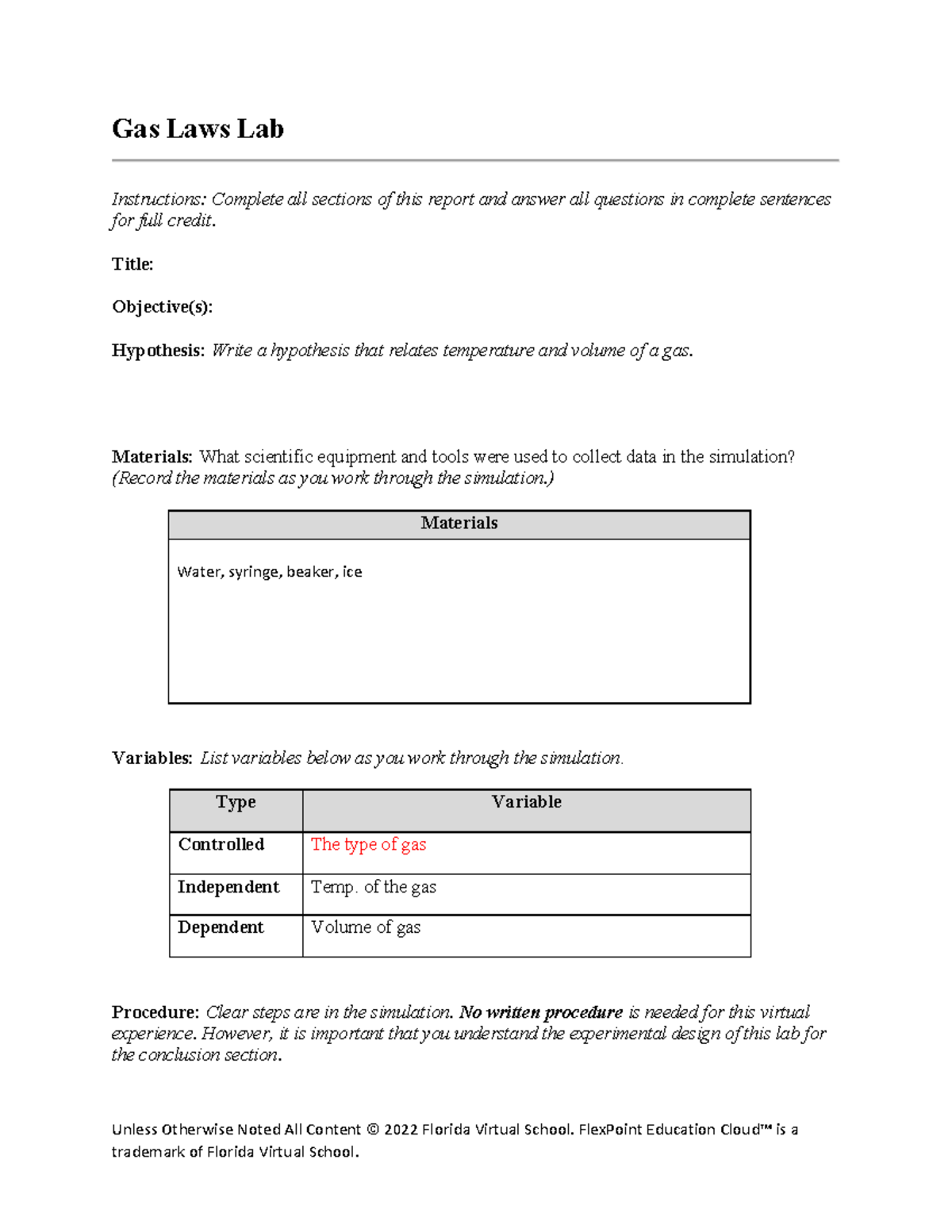 Gas laws lab - Unless Otherwise Noted All Content © 2022 Florida ...