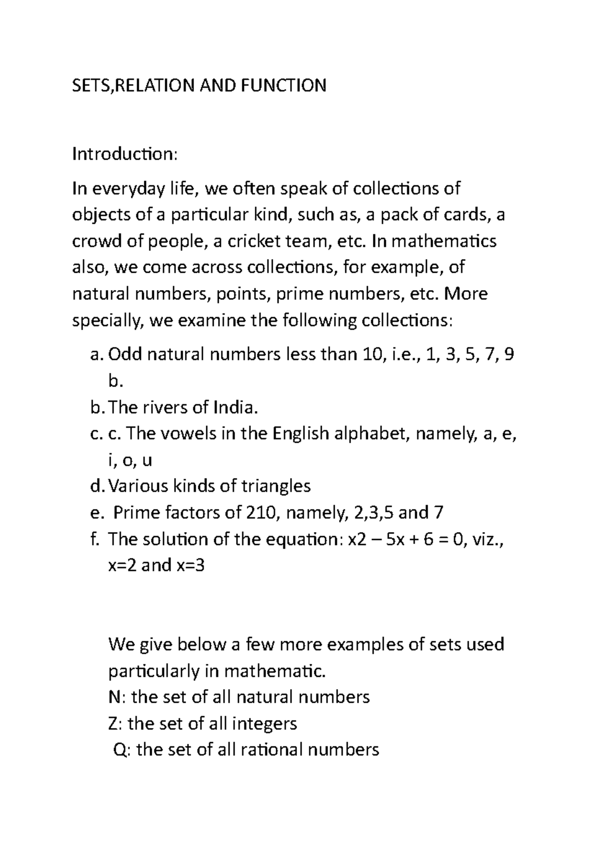 Mathematics note - SETS,RELATION AND FUNCTION Introduction: In everyday ...