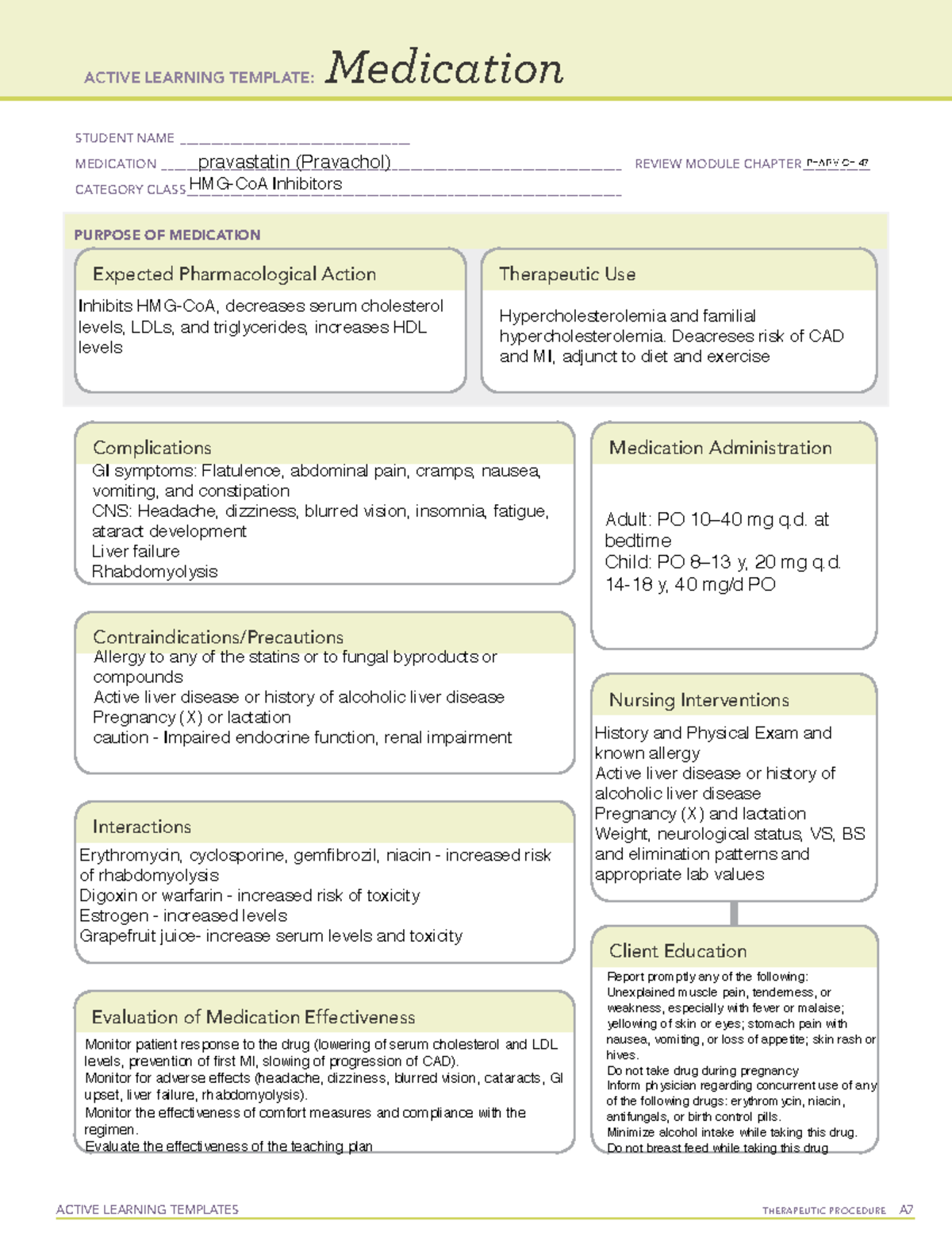 Pravastatin (Pravachol) - ACTIVE LEARNING TEMPLATES THERAPEUTIC ...