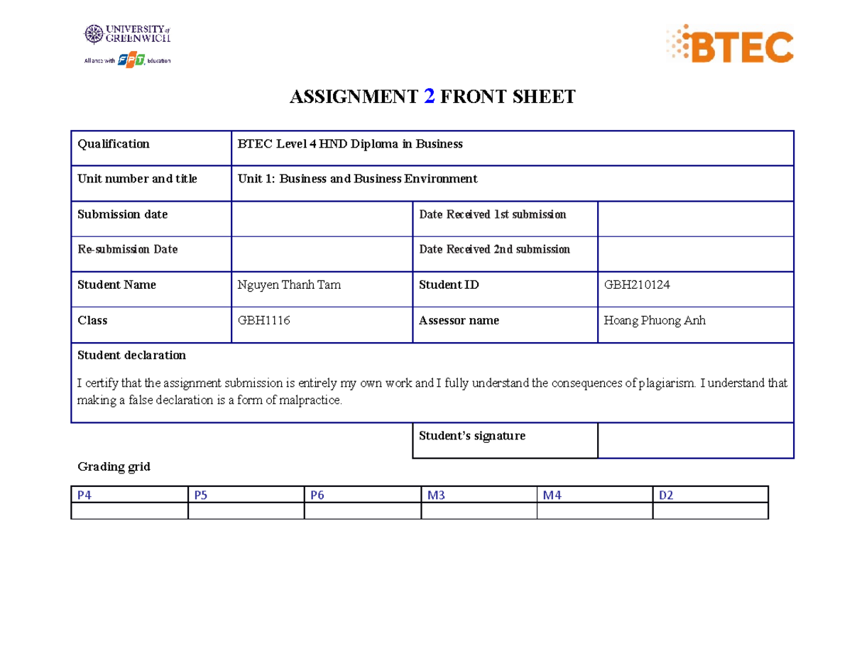 2.(5032) Frontsheet Assignment 2-2012 21 - ASSIGNMENT 2 FRONT SHEET Qualification BTEC Level 4 ...