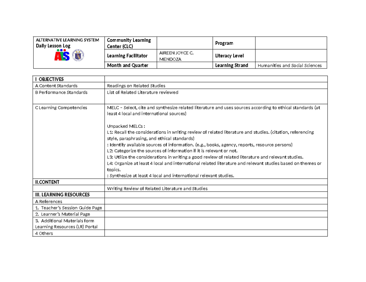 DLL 3Is Aireen Joyce Mendoza - ALTERNATIVE LEARNING SYSTEM Daily Lesson ...