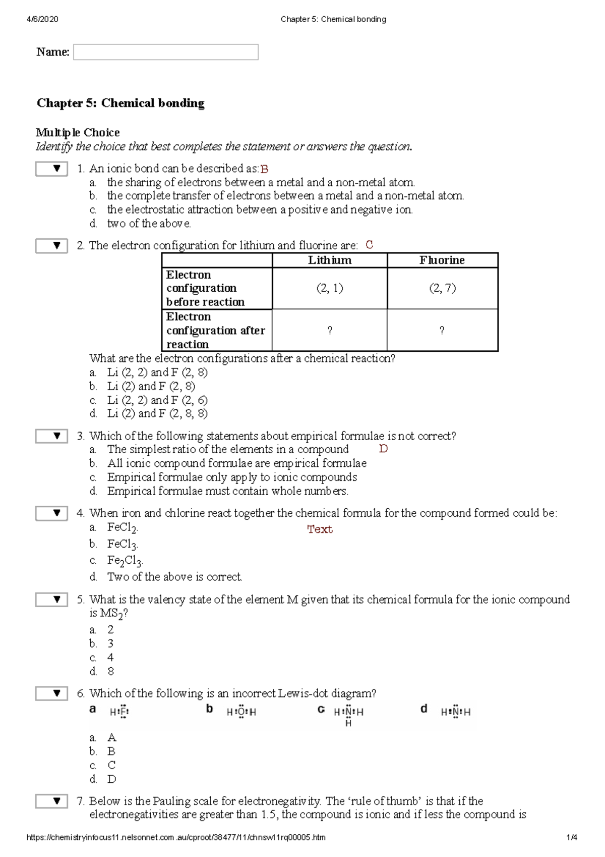 Chemical Bonding Revision Quiz - Name: Chapter 5: Chemical bonding ...