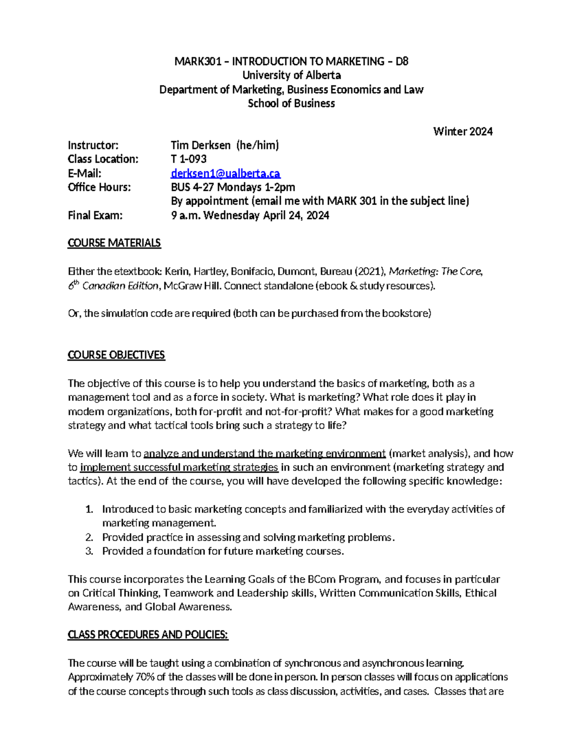 MARK 301.B1 Syllabus - Winter 2024 - MARK301 – INTRODUCTION TO MARKETING – D University of ...